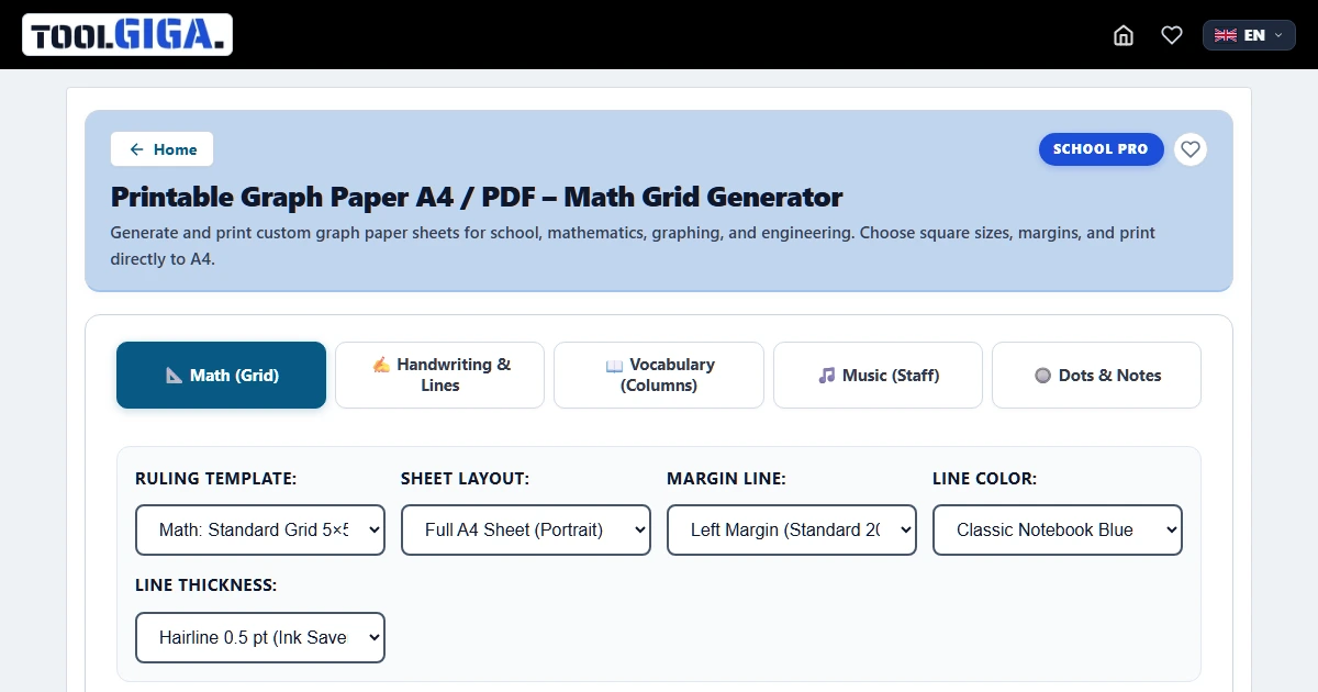Printable Graph Paper A4 / PDF – 5mm & 10mm Math Grid Generator | TOOL GIGA